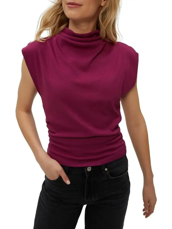 Michael Stars Amara Ruched Cowl Neck Rib T-shirt - Ruby