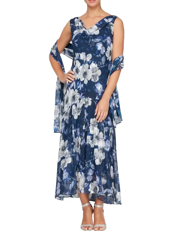 Alex Evenings Floral Cowl Neck A-line Dress With Shawl - Navy Multi