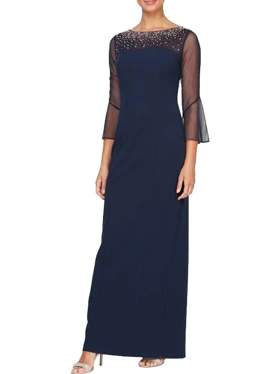 Alex Evenings Rhinestone Yoke Column Gown - Navy/silver