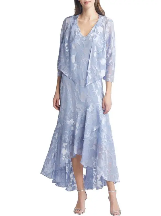 Alex Evenings Metallic Floral High-low Chiffon Jacquard Midi Dress With Jacket - Hydrangea