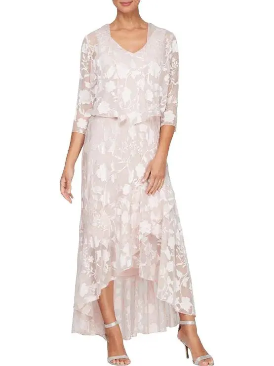 Alex Evenings Metallic Floral High-low Chiffon Jacquard Midi Dress With Jacket - Shell Pink