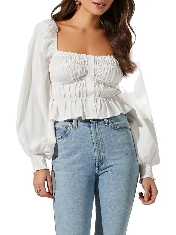 Astr The Label Smocked Square Neck Crop Top - White