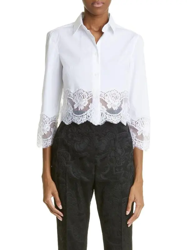 Dolce & Gabbana Floral Lace Crop Button-up Shirt - W0800 Bianco Ottico