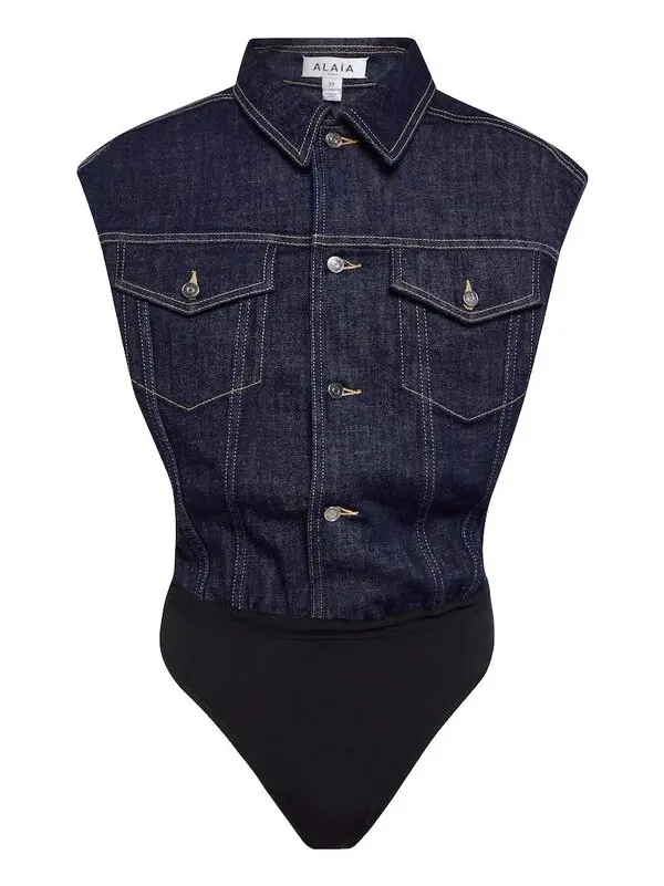 Alaïa Denim Cotton-blend Bodysuit - Blue