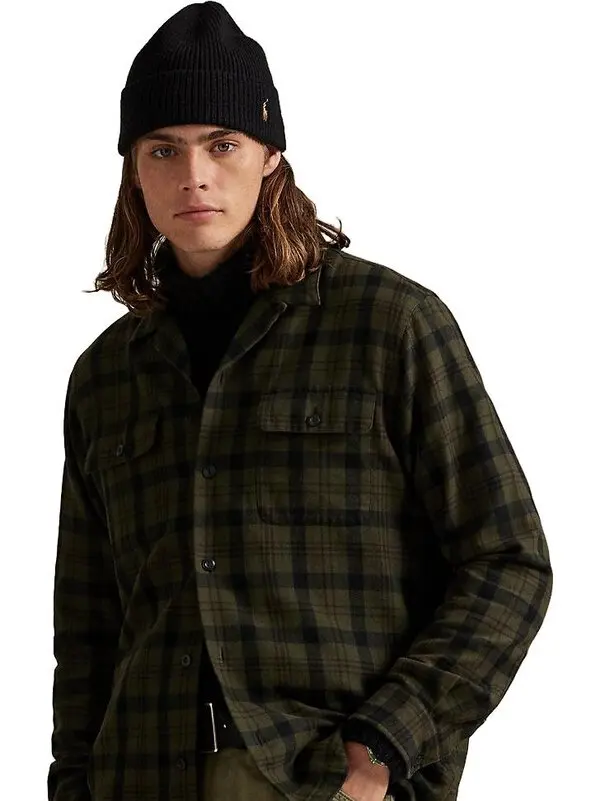 Ralph Lauren Classic Fit Plaid Flannel Camp Shirt - Olive Black