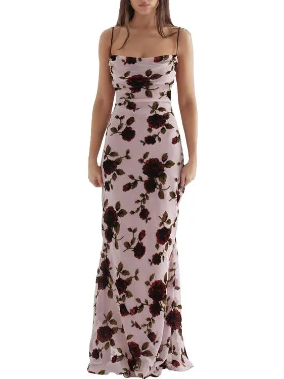 House Of Cb Serena Floral Velvet Burnout Maxi Dress - Light Pink