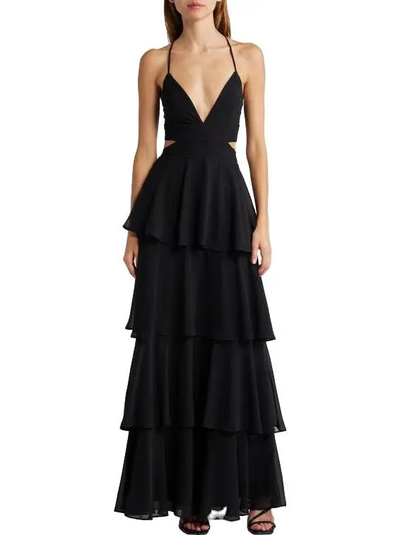 Lulus Tiered Waist Cutout Gown - Black