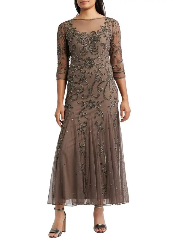Pisarro Nights Beaded Illusion Neck Gown - Deep Mocha