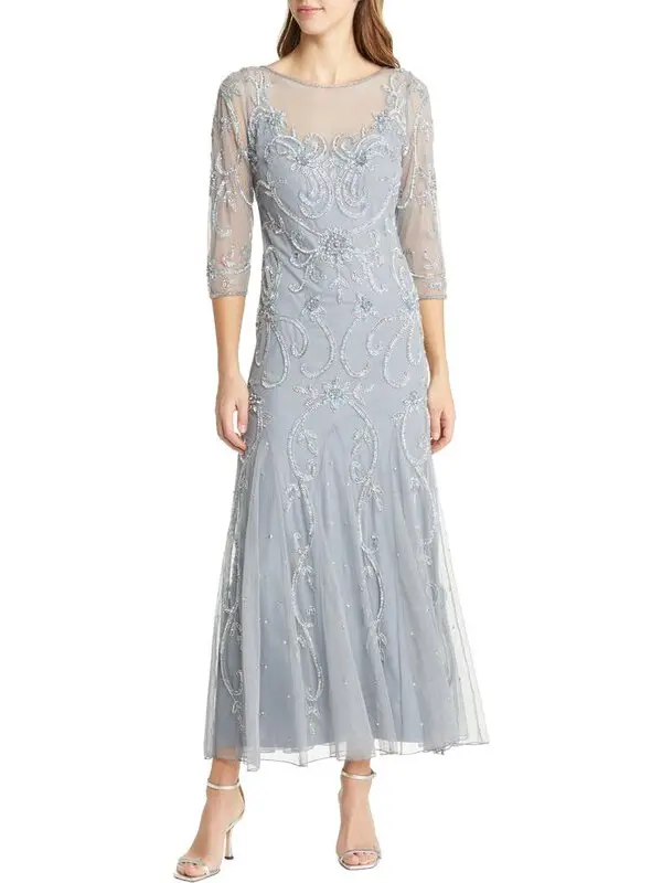 Pisarro Nights Beaded Illusion Neck Gown - Sea Blue