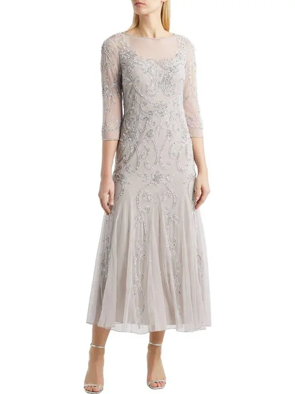Pisarro Nights Beaded Illusion Neck Gown - Silver