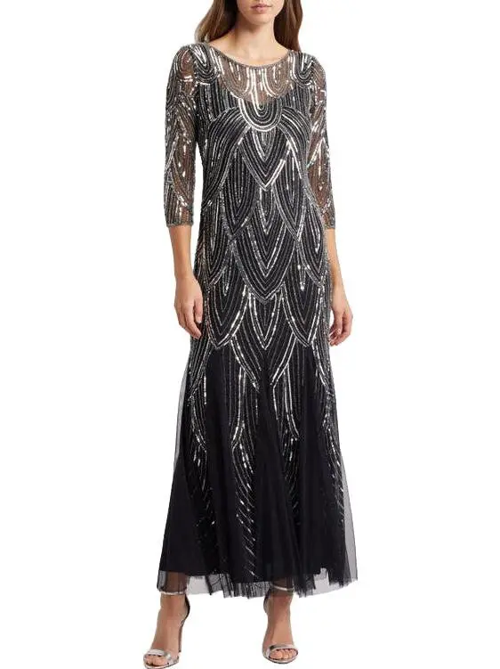 Pisarro Nights Beaded Illusion Neck Gown - Black/ Silver