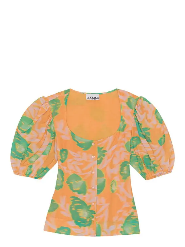 GANNI Printed Crepe Button-down Blouse - Orange