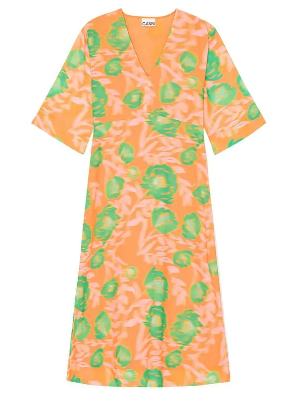 GANNI Printed Crepe V-neck Dress - Orange