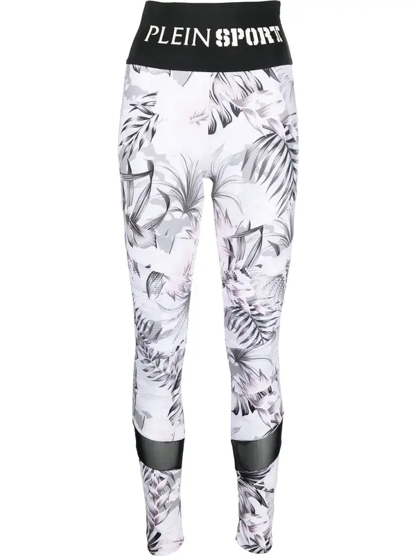 PLEIN SPORT Logo-waistband Floral-print Leggings - White