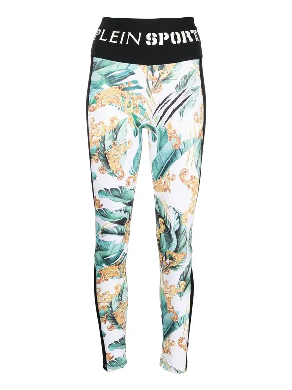PLEIN SPORT Logo-waistband Graphic-print Leggings - White