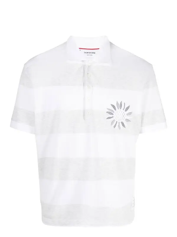 Thom Browne Flower-embroidered Striped Polo Shirt - Grey