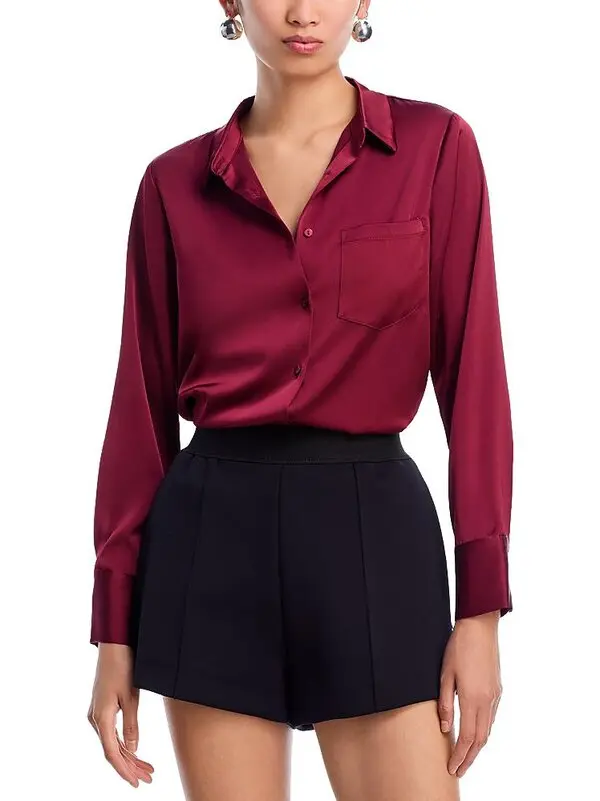 Aqua Satin Button-front Blouse - Dark Cherry