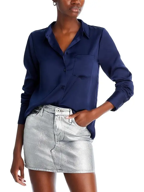 Aqua Satin Button-front Blouse - Navy