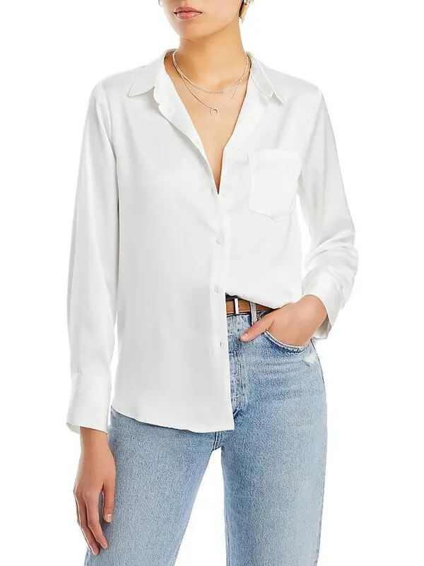 Aqua Satin Button-front Blouse - White