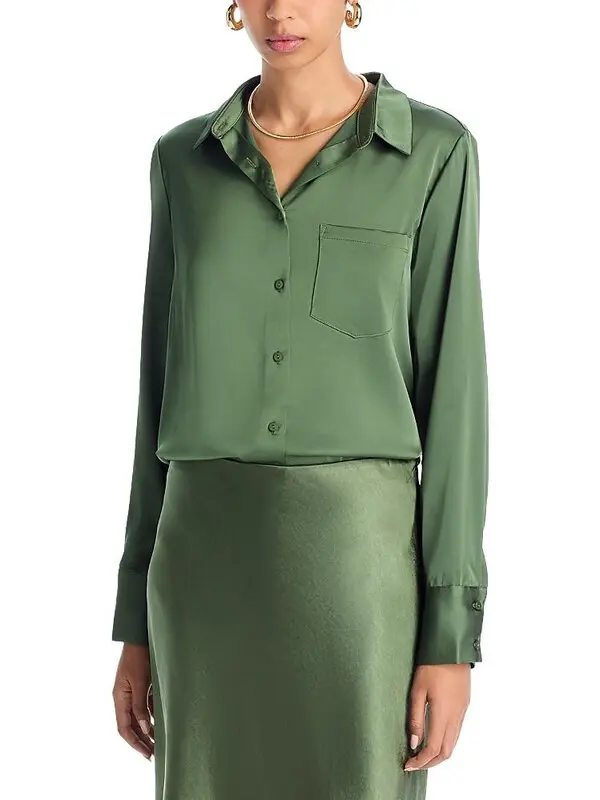 Aqua Satin Button-front Blouse - Wild Green