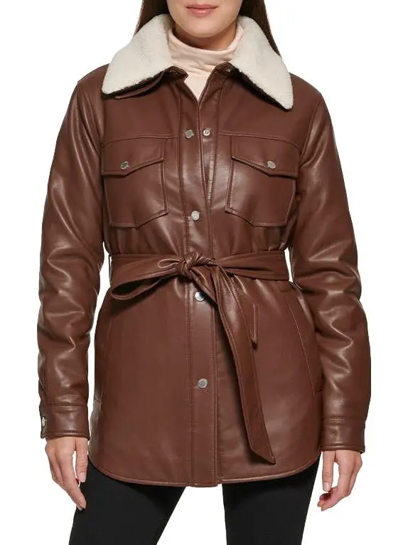 KENNETH COLE Faux Leather Belted Shacket With Faux Shearling Collar - Chocolate