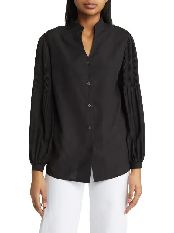 Misook Pleated Balloon Sleeve Button-up Blouse - Black