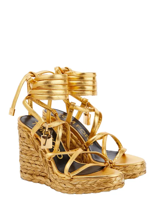 TOM FORD Padlock Leather Wedge Sandals - Gold
