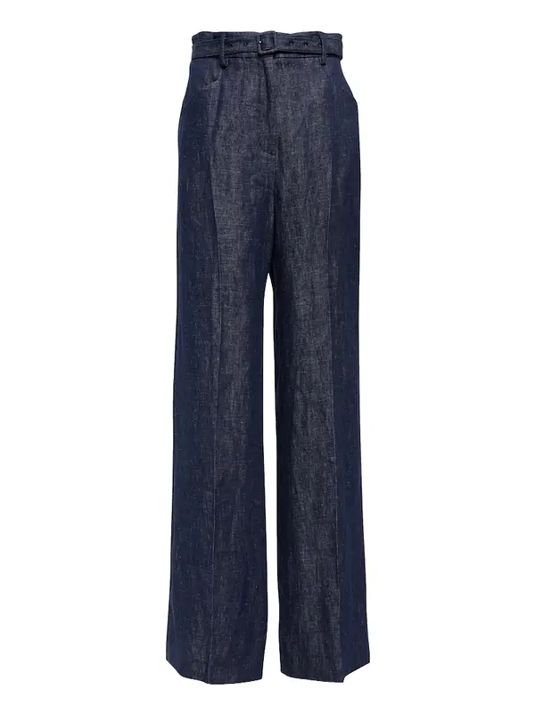 Gabriela Hearst Belted High-rise Wide-leg Linen Pants - Blue