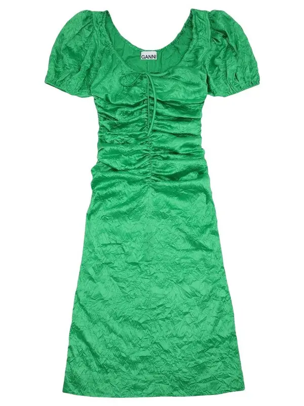 GANNI Crinkled-effect Puff-sleeve Midi Dress - Green