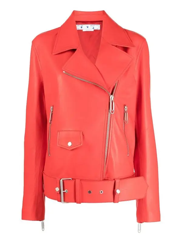 Off-White Leather Biker Jacket - Red