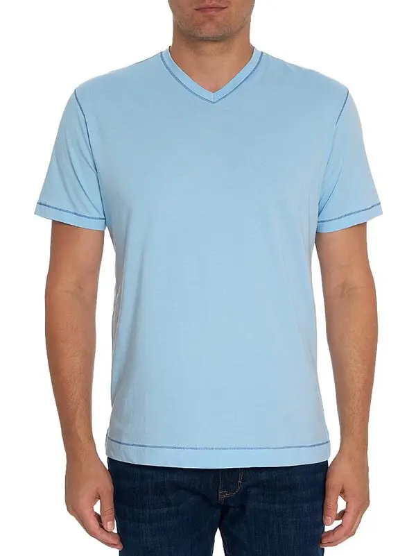 Robert Graham Eastwood Top Stitched V Neck Tee - Light Blue