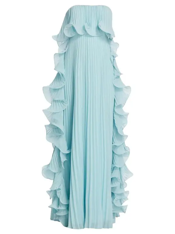 Badgley Mischka Strapless Pleated Ruffle Gown - Azure