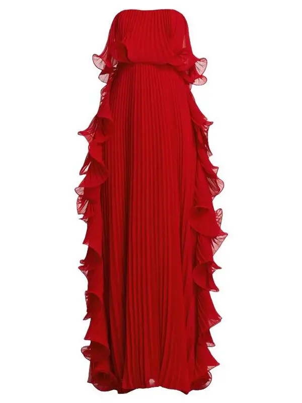 Badgley Mischka Strapless Pleated Ruffle Gown - Red