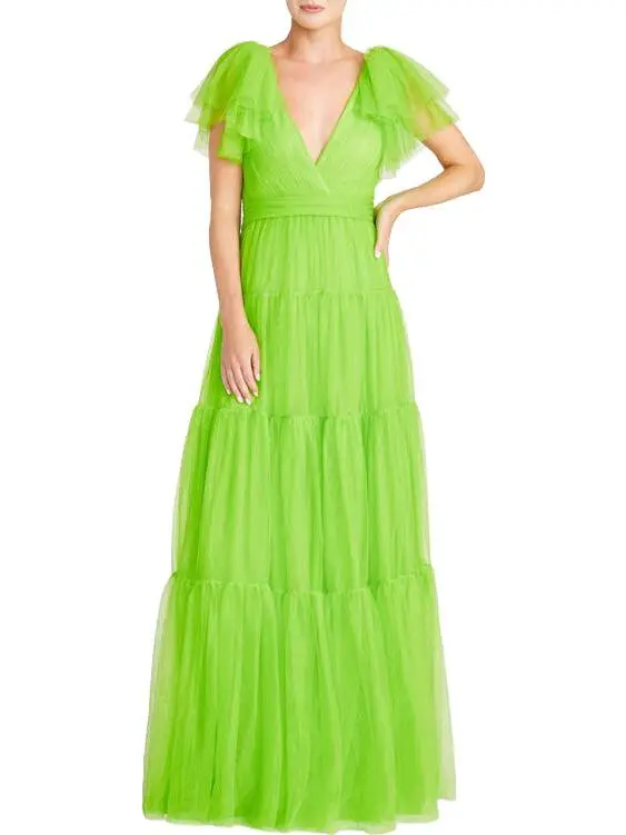 Monique Lhuillier Flutter Sleeve Tiered Tulle Gown - Halcyon Green