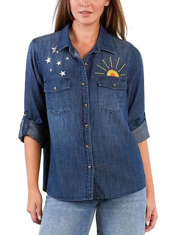 BILLY T Hello Sunshine Embroidered Denim Shirt - Dusk Denim