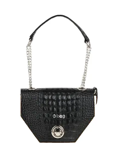 O BAG Handbag With Crocodile Print And Chain Strap - Black