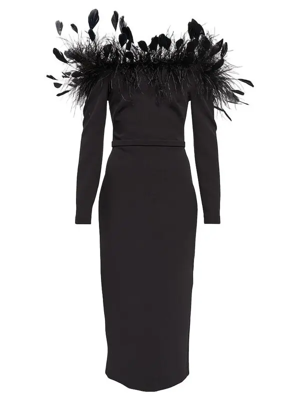 Safiyaa Feather-trimmed Midi Dress - Black