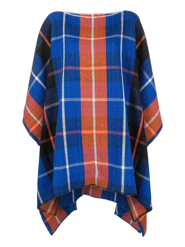 Colville Windowpane-pattern Wool Poncho - Blue