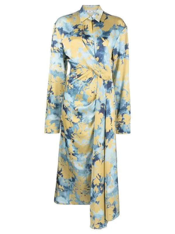 Off-White Floral-print Wrap Shirtdress - Blue