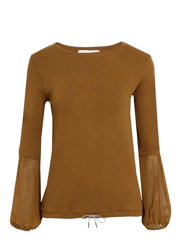 Fabiana Filippi Chiffon Paneled Ribbed Cotton-blend Jersey Top - Light Brown