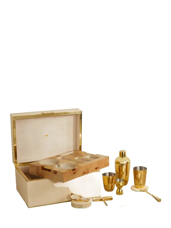 Aerin Classic Embossed Leather And Brass Bar Set - Cream