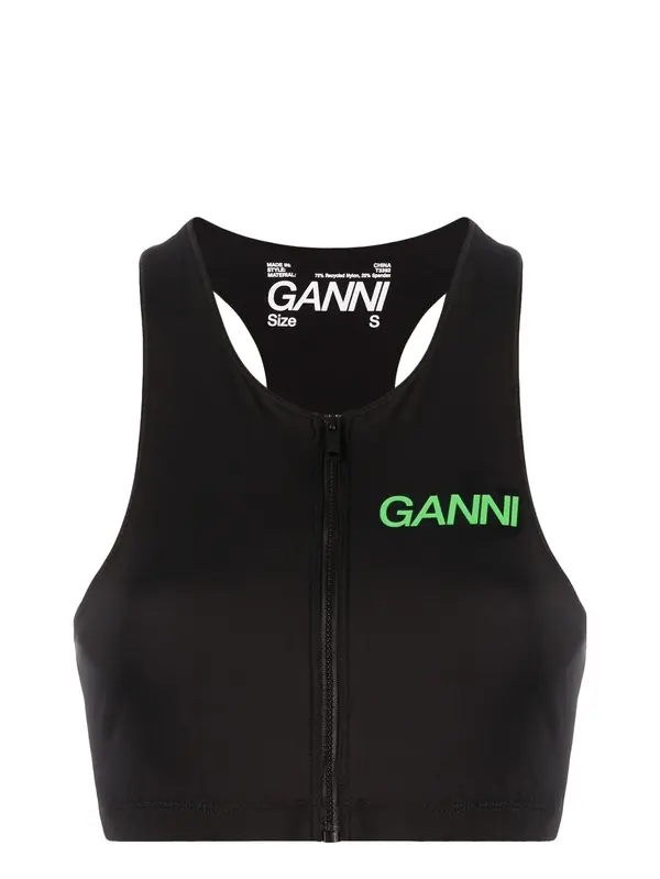 GANNI Logo-print Zip-up Top - Black