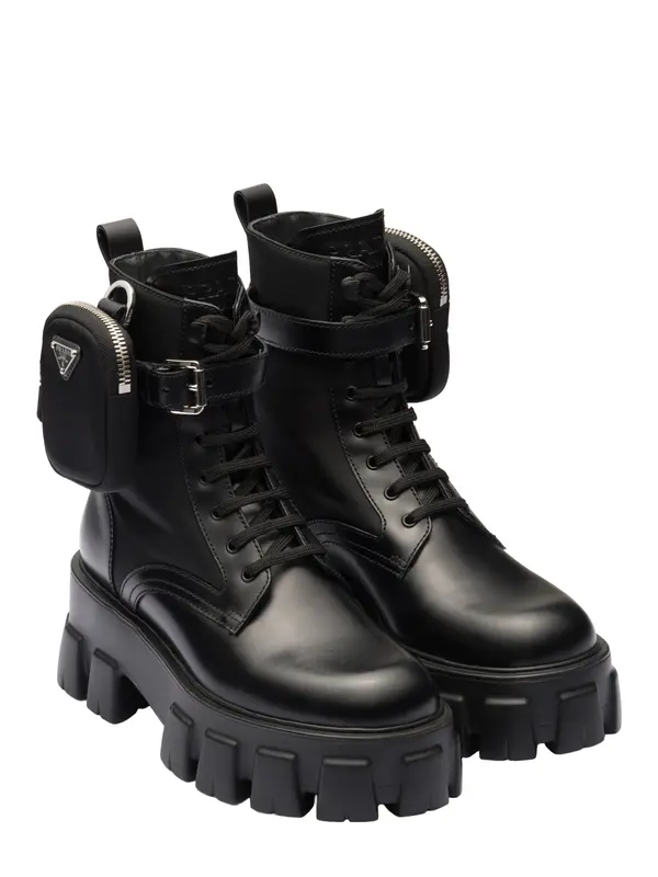 Prada Monolith Leather And Re-nylon Combat Boots With Pouch - Black