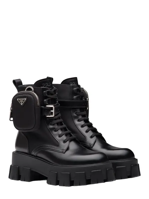 Prada Monolith Leather And Re-nylon Boots With Pouch - Black