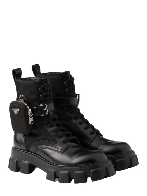 Prada Monolith Leather And Re-nylon Boots With Pouch - Black
