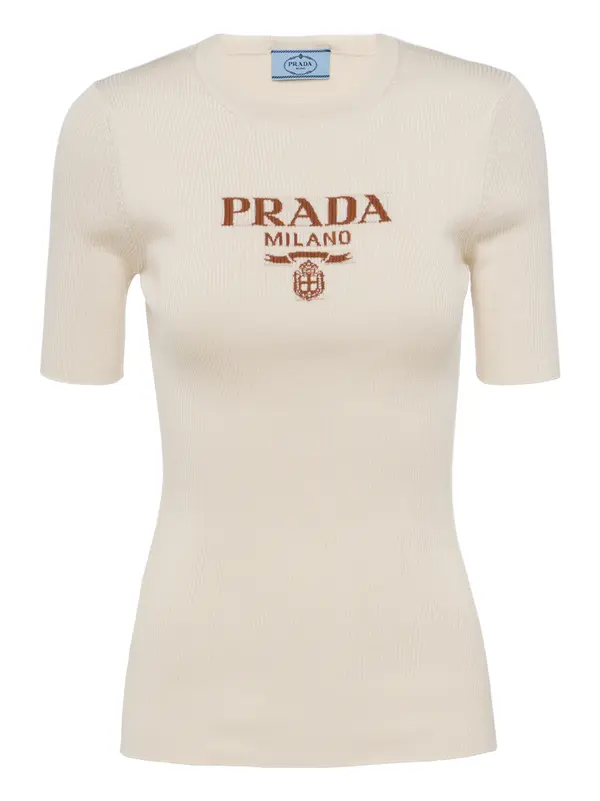 Prada Silk Crew-neck Sweater With Logo - Ivory