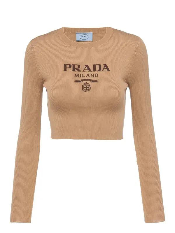 Prada Cropped Silk Sweater With Logo - Brown