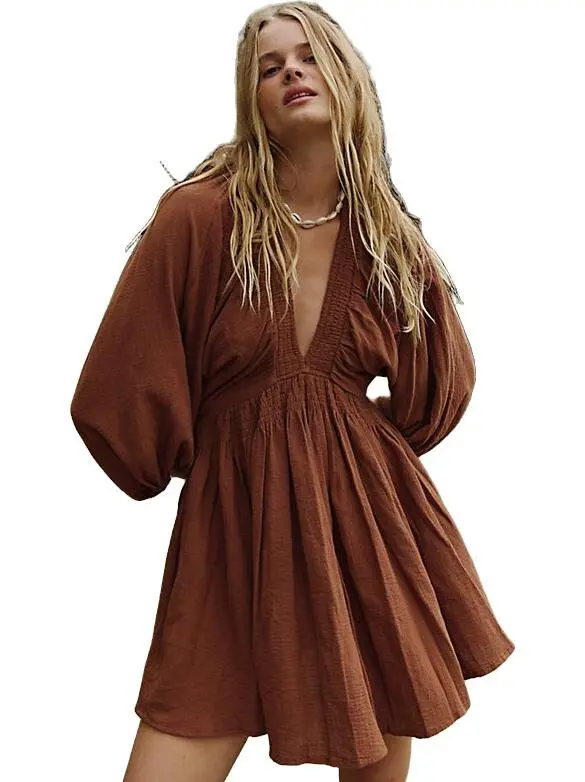 Free People For The Moment Mini Dress - Umber Earth