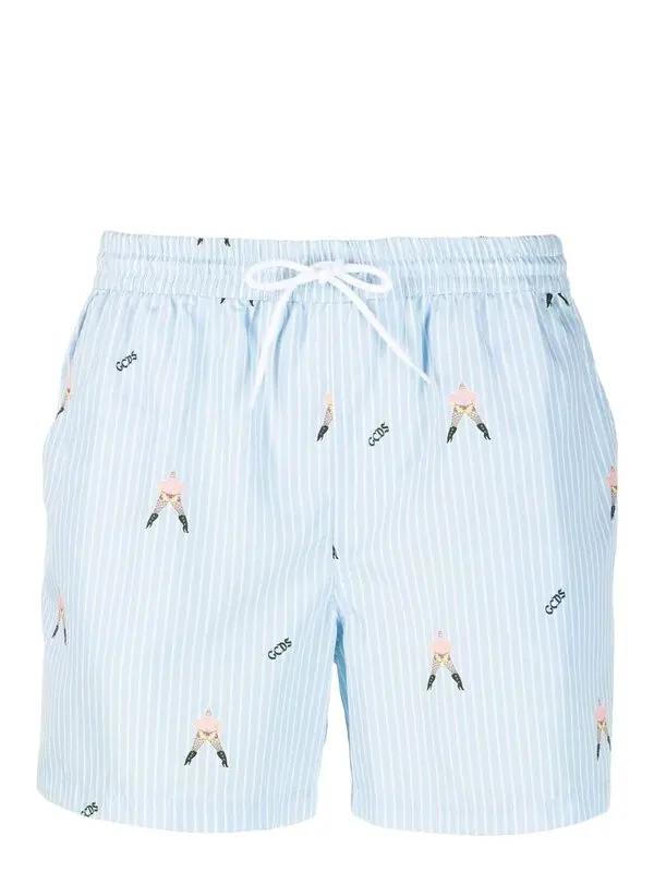 Gcds Cartoon-print Pinstripe Shorts - Blue