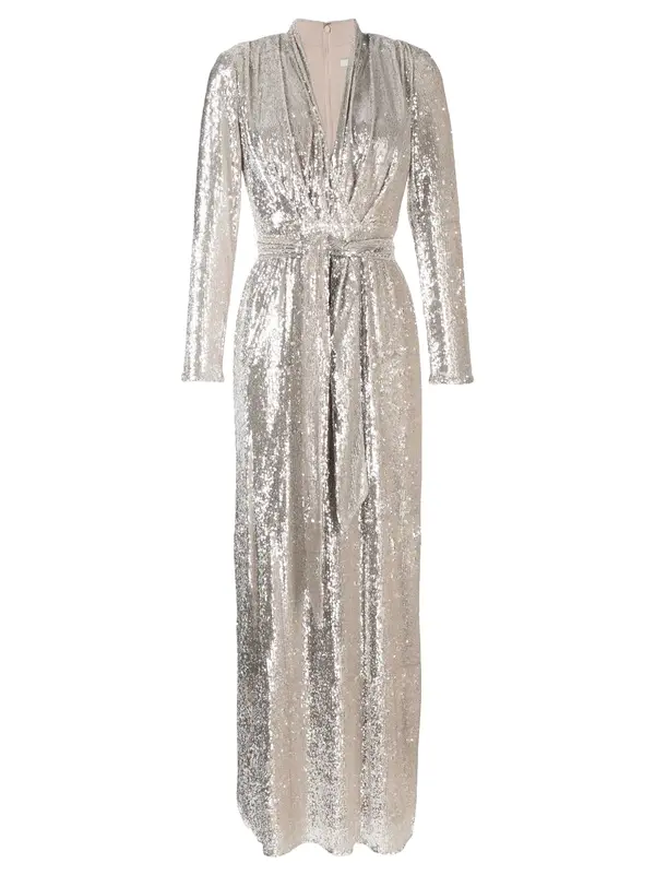 Badgley Mischka Plunge Sequin Gown - Silver